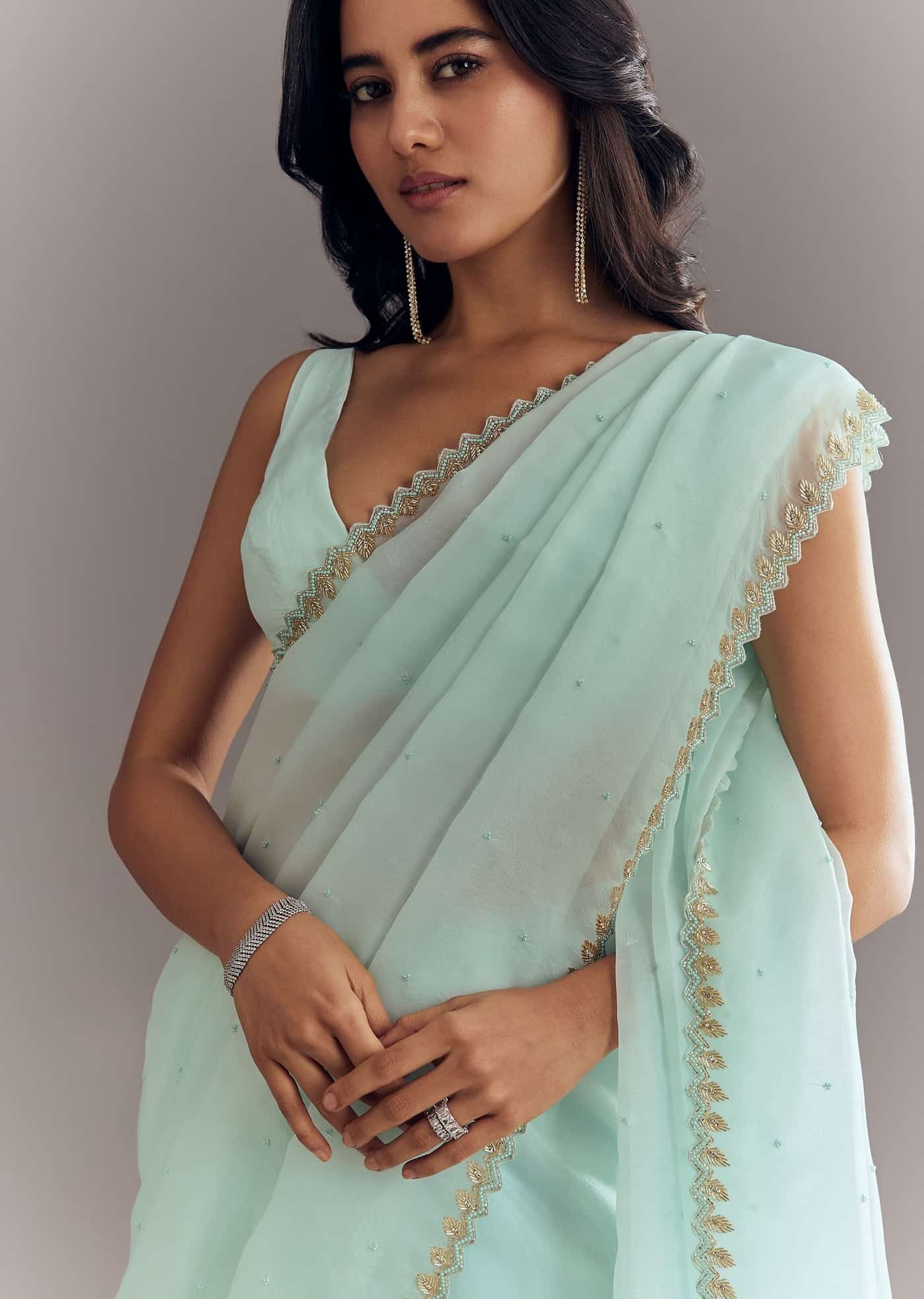 Light Blue Tissue Saree With Cutdana And Beads Embroidery And Cutwork ...