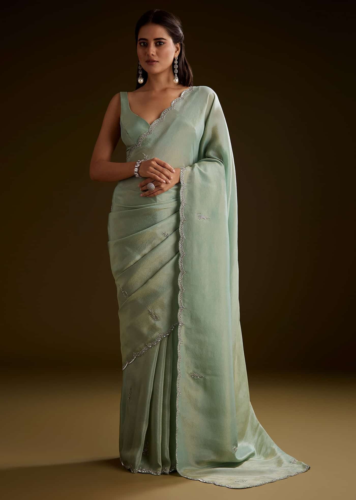Light Green Tissue Saree With Cutdana Embroidery And Scallop Border